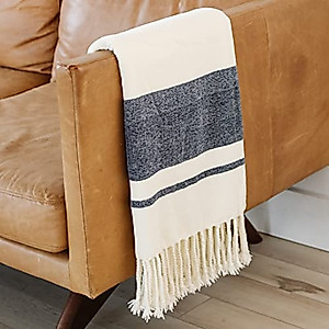 GRACED SOFT LUXURIES Chenille Fringe Throw Blanket for Couch | 50" x 60" Soft, Textured, Fluffy, Warm, Cozy Striped Boho Blanket | Decorative Yet Buttery Soft (Navy Stripe)