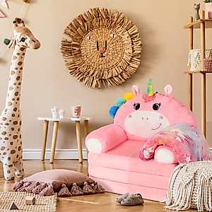 Burbell Toddler Chairs Comfy Toddler Couches That Fold Out with Blanket 2-in-1 Kids Fold Out Couch Velvet Toddler Couch Foldable Chairs for Toddlers Convertible Sofa to Lounger(Pink,Unicorn)