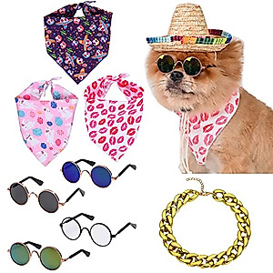 9 Pieces Funny Dog Cat Costume,Puppy Hat,Straw Hat for Cat,Color Changing Glasses for Cat,Dog Scarf,Artificial Gold Necklace for Small Dog and Cat