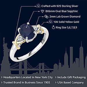 Gem Stone King 10K Yellow Gold and 925 Sterling Silver Blue Sapphire and White Lab Grown Diamond Engagement Ring For Women | 1.88 Cttw | Oval 8X6MM | Ring Size 5-9