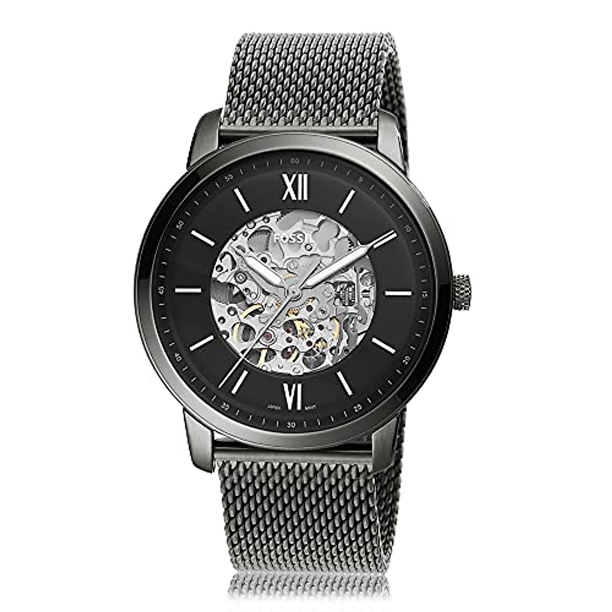Fossil Men's Neutra Automatic Stainless Steel Mesh Three-Hand Skeleton Watch, Color: Smoke (Model: ME3185)