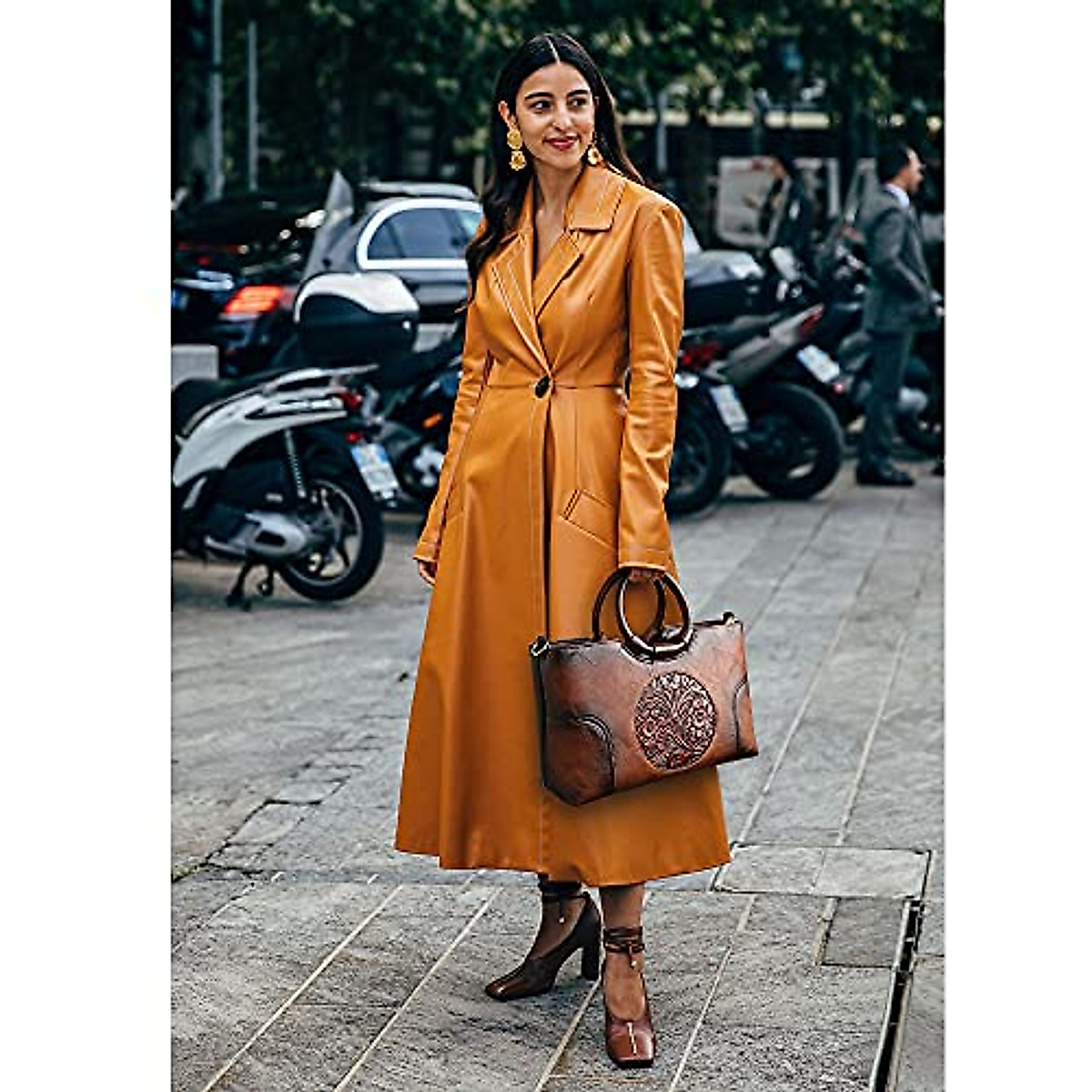 PU Handbag for Women,Vintage Design Embossed Totem Purse Organizer Top-Handle Satchel Handmade Medium Crossbody … (Brown)