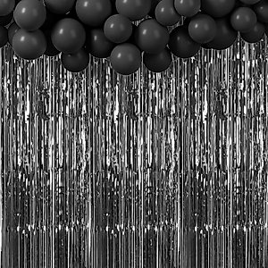 MEEZY 4Pack 3.2ft x 8.2ft Black Foil Fringe Curtains Backdrop Metallic Foil Tinsel Streamers with Black Balloons for Graduation Bachelorette Baby Shower Wedding Birthday Bridal Shower Party Decor