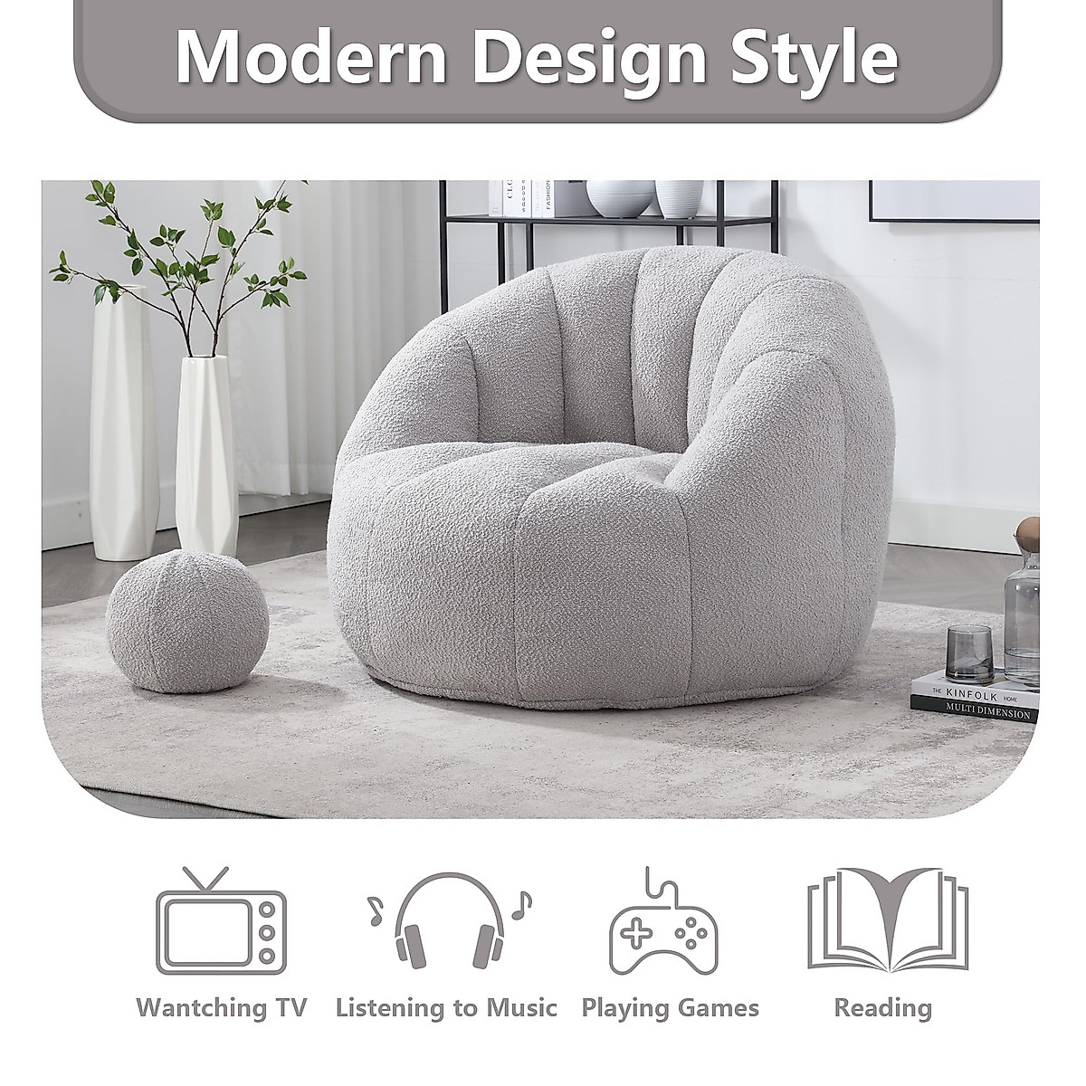 QQU Modern Round Barrel Chair with 1 Pillow, Comfortable Lounge Lazy Sofa Without Swivel Base Lounge Sofa Chair for Living Room, Bedroom, Hotel,Grey