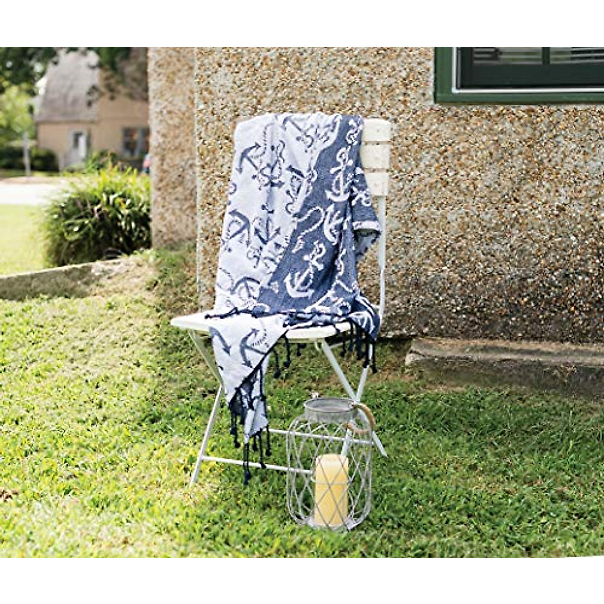 C&F Home Chenille Anchor Nautical Throw Blanket Sailing Reversible Handcrafted Throw with Fringe Cotton Soft Cozy for Couch Sofa 50x60 inches Blue, Navy, Navy Blue, White