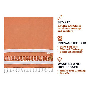 Selenly Turkish Beach Towel, 100% Cotton Pre-Washed Quick Dry 37x71 Inches Peshtemal Bath Towel for Beach, Bathroom, Pool, SPA, Gym, Yoga - Soft and Absorbent Beach Blanket (Orange)