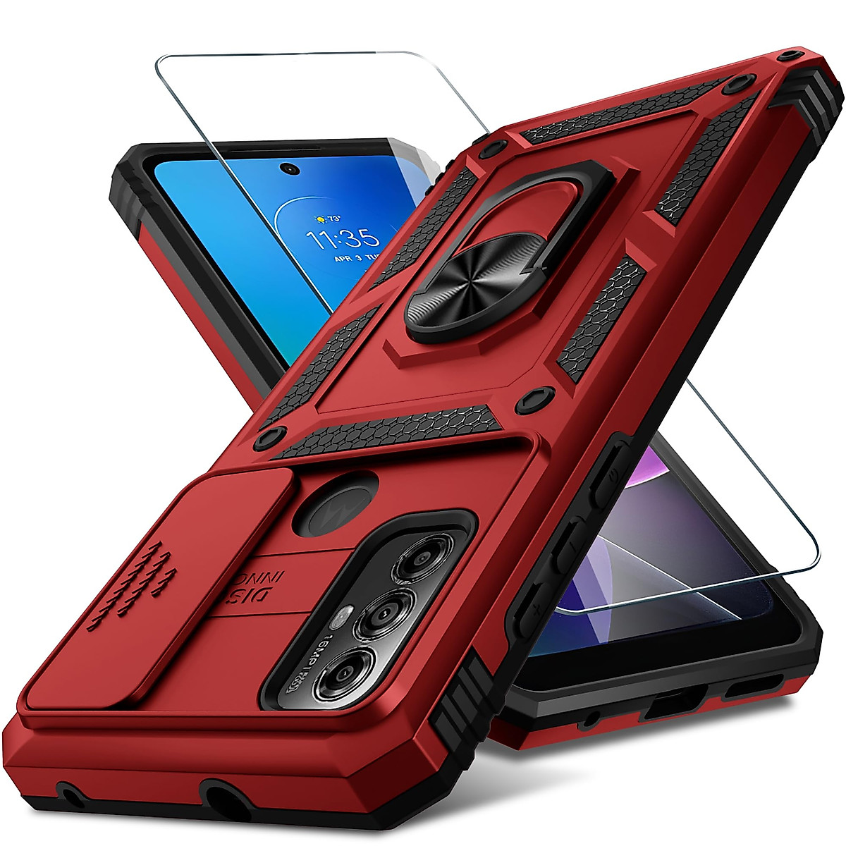 Janmitta Compatible with Moto G Play 2023,G Power 2022/G Pure Case Built in Slide Camera Lens Cover+Screen Protector+Ring Holder,Heavy Duty Shockproof Full Body Phone Cover,Red