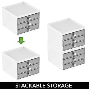 mDesign Plastic Small 3-Drawer Jewelry Organizer Box for Storage on Dresser, Vanity, Countertop - Holds Earrings, Bracelets, Necklaces, Bangles, Rings, 2 Pack - White/Gray