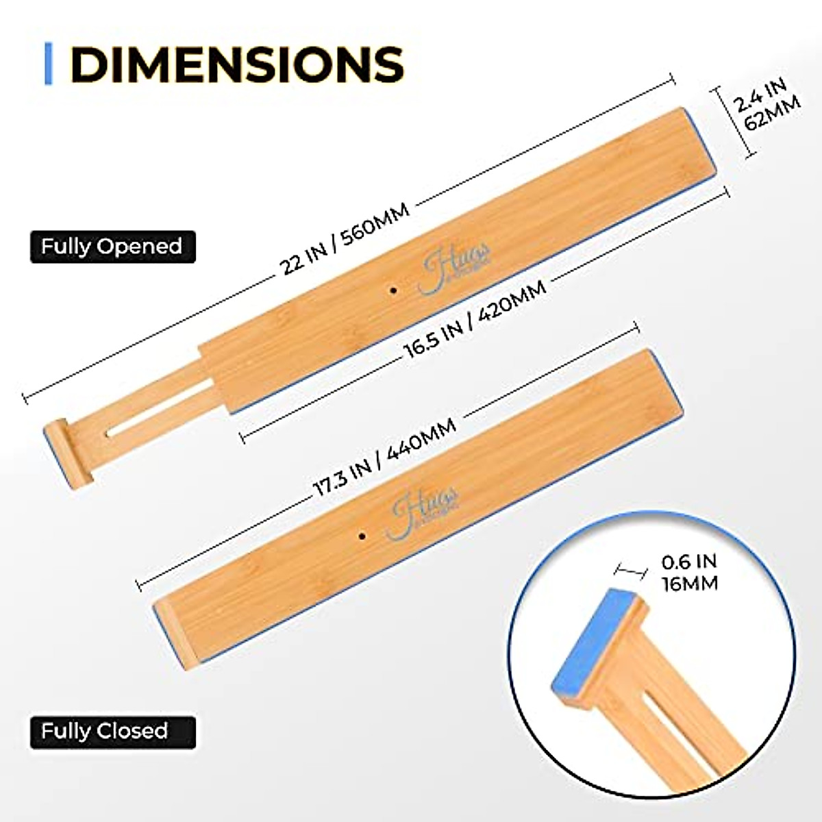 Hugs & Kitchens Bamboo Drawer Dividers - Adjustable, Expandable Kitchen Drawer Organizer for Kitchen Utensils, Clothes, Office Drawer Separator (6pcs)