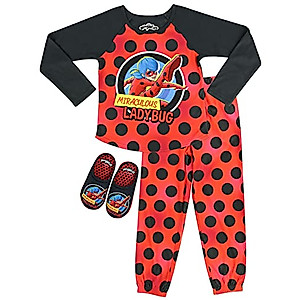 Miraculous Ladybug Girls' Pajama Set 2-Piece Jersey PJs with Cozeez Slippers, Red, Girls' Size 10/12
