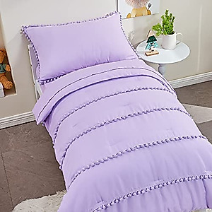 SUCHDECO Lavender Toddler Bedding Set Toddler Comforter Set for Girls Baby Crib Bedding Set with 6 Pom Poms Fringes - 4 Pieces: Comforter, Fitted Sheet, Flat Sheet, Pillowcase