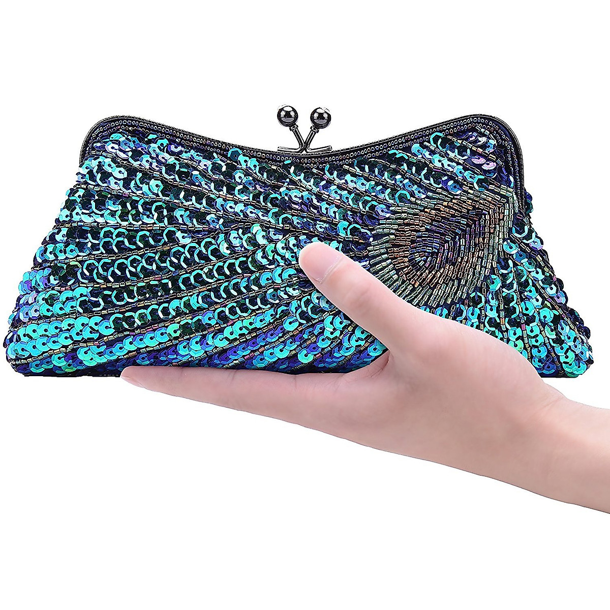 Baglamor Women's Kiss Lock Clutch Sequin Purse Peacock Clutch Bag (Blue)