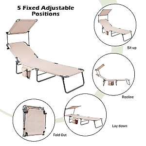Giantex Tanning Chair, Patio Chaise Lounge Chair with 5 Adjustable Position, Shade Canopy, Storage Pocket, Camping Cot, Outdoor Sunbathing Recliner for Poolside, Lawn Folding Beach Chairs(1, Beige)