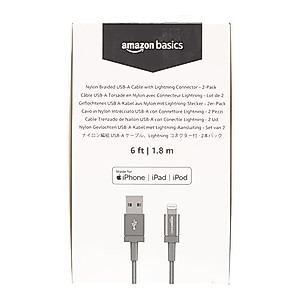 Amazon Basics 2-Pack USB-A to Lightning Charger Cable, Nylon Braided Cord, MFi Certified Charger for Apple iPhone 14 13 12 11 X Xs Pro, Pro Max, Plus, iPad, 6 Foot, Dark Gray
