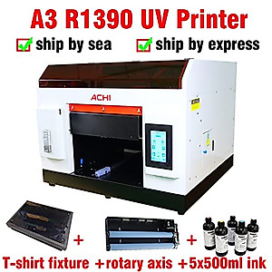 Ovsuqu Automatic UV Printer A3 R1390 UV Printer Flatbed for Wood, Fabrics,Leather, Bottle,Metal,Golf, Phone case and More Printing (A3 UV Printer with 5x500ML Ink)