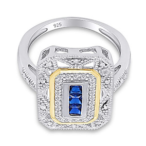 14K White Gold Over Sterling Silver Simulated Blue Sapphire & Diamond Accent Art Deco-Style Ring (1/10 cttw, I-J Color, I3 Clarity) Ring Size-4
