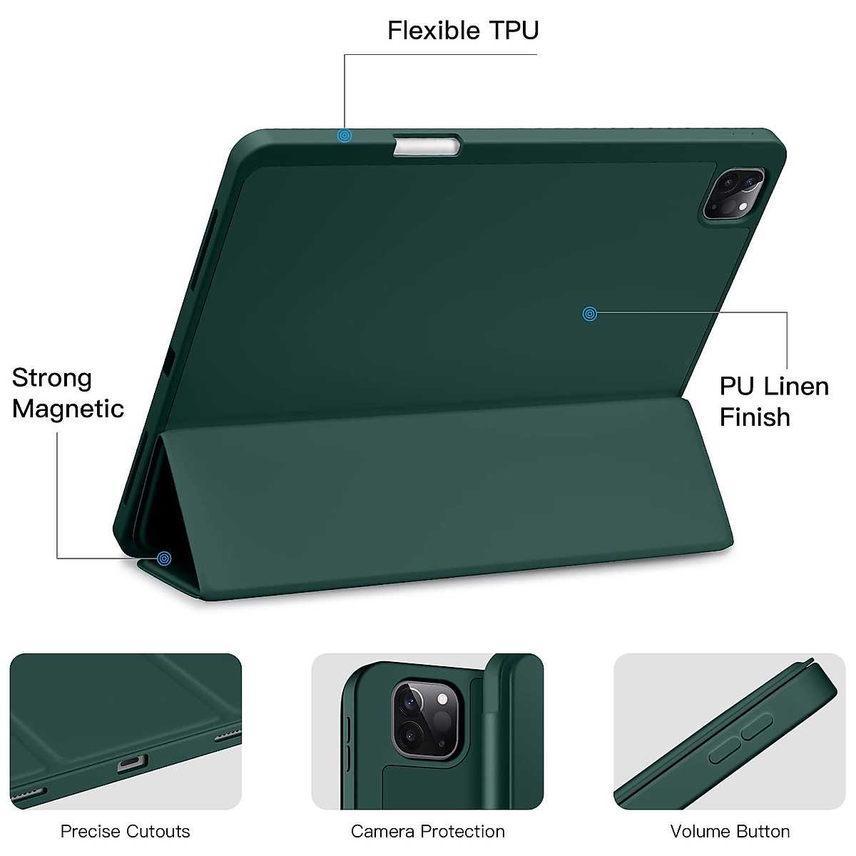 Akkerds Compatible with iPad Pro 12.9 Case 6th/5th/4th/3rd Generation with Pencil Holder, Trifold Stand Cover with TPU Back for iPad 12.9 Pro Case 2022/2021/2020/2018, Auto Wake/Sleep, Mallard Green