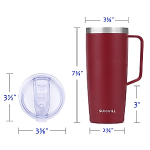 SUNWILL Insulated Coffee Tumbler with Lid, Travel Coffee Mug with Handle 24oz, Double Wall Stainless Steel Tumbler, Thermal Reusable Cup Outdoor, Powder Coated Wine
