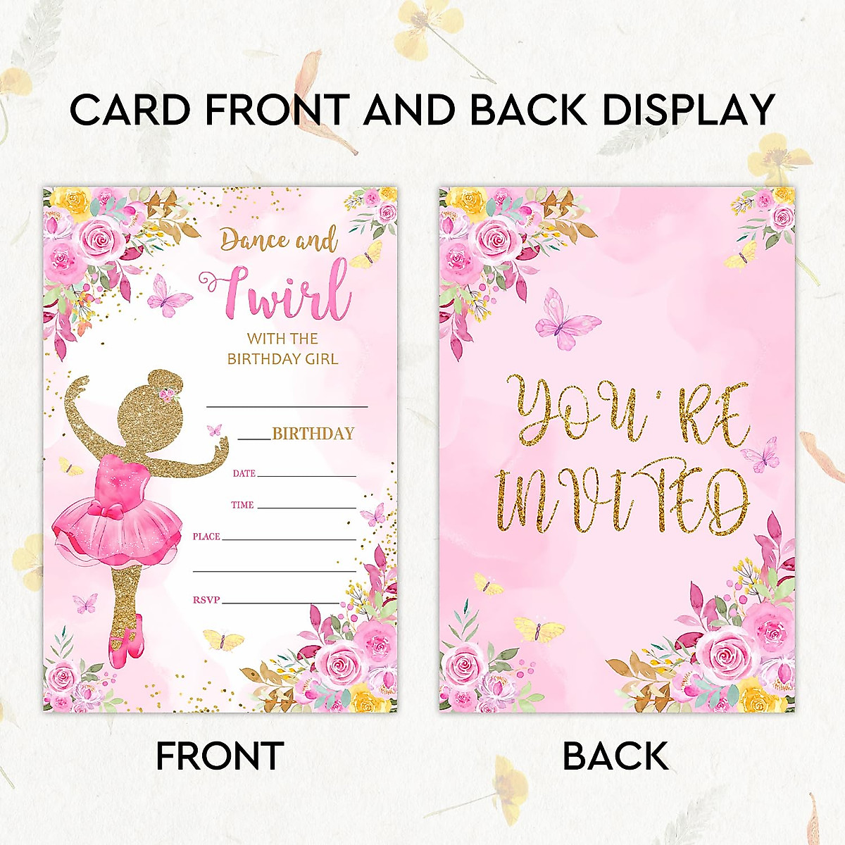 YUEXLL Dance and Twirl Birthday Party Invitations Cards with Envelopes, Gold Ballet Dance Party Invitations, Birthday Celebration Supplies, Double-sided Fill-in bday Invites for Boys Girls- A23