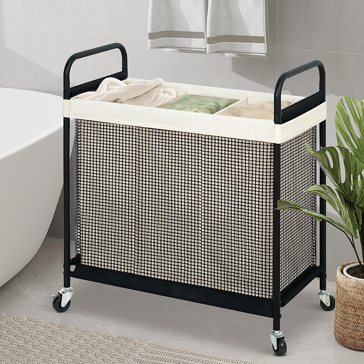 STO STO Laundry Hamper 3 Section, 120L Rolling Laundry Sorter Cart with Removable and Washable Liner Bag, Rolling Clothes Hamper with Metal Handle for Laundry Room and Bedroom