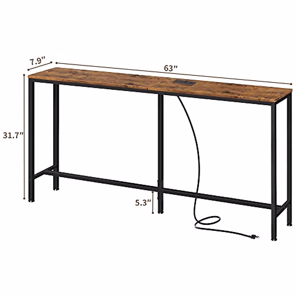 SUPERJARE Console Table with Outlet, 63 Inch Sofa Table with Charging Station, Narrow Entryway Table, Skinny Hallway Table, Behind Couch Table, for Living Room, Plants - Rustic Brown