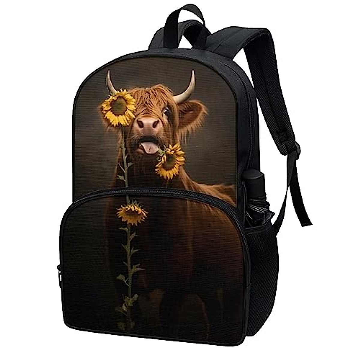 Drydeepin Cute Highland Cow Sunflower Print Children School Bag Casual Daypack Lightweight School Backpack for Teens Boys Girls Middle School Primary School Student Bookbag Travel Rucksack