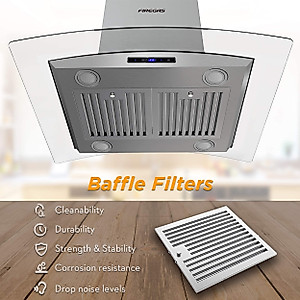 FIREGAS Island Range Hood 30 inch 450 CFM with Chimney, Ceiling Mount Kitchen Vent Hood with Tempered Glass, 4 LED Lights, Permanent Filters, Premium Touch Control Panel, Includes Charcoal Filter