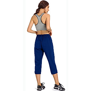 Womens Lightweight Jogger Capri Pants Quick Dry Workout Running Capris Sun Protection UPF 50+ Zipper Pockets Deep Blue