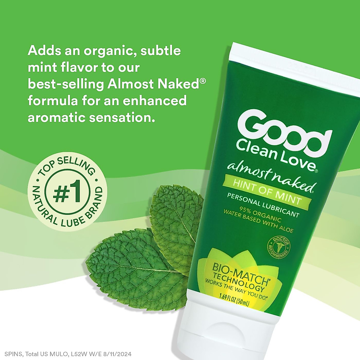 Good Clean Love Almost Naked Hint of Mint Water-Based Lube, Personal Lubricant with Organic Aloe Vera, Safe for Adult Toys & Condoms, pH-Balanced, Intimate Wellness Gel for Men & Women, 1.69 Oz