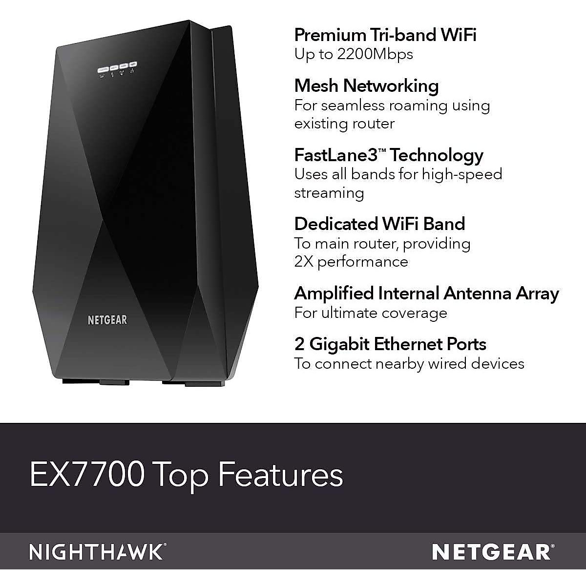 NETGEAR WiFi Mesh Range Extender EX7700 - Coverage up to 2300 sq.ft. and 45 devices with AC2200 Tri-Band Wireless Signal Booster & Repeater (up to 2200Mbps speed), plus Mesh Smart Roaming