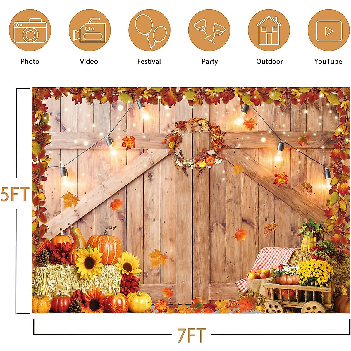 Fall Harvest Barn Backdrop Autumn Thanksgiving Wooden Farm Door Photography Background Rustic Pumpkin Maple Leaves Baby Shower Birthday Party Decorations Supplies 7x5FT