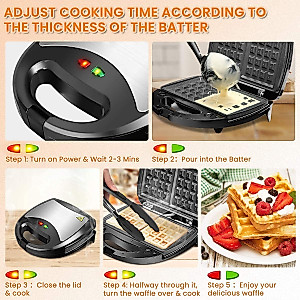 5-in-1 Belgian Waffle Maker, 750W Power Sandwich Maker, Non Stick Panini Press Grill, 2-Slice Compact Toaster, Electric Grilled Cheese Maker, 3 Detachable Plates, LED Indicator Lights, Suitable for Breakfast & Snacks
