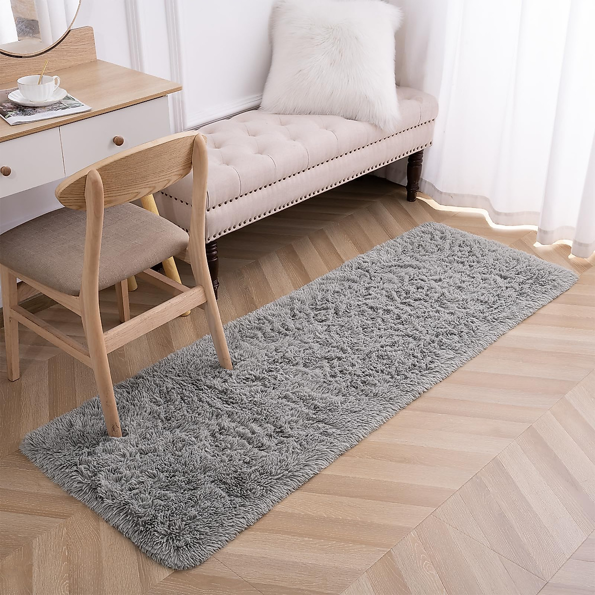 Toneed Fluffy Runner Rug for Bedroom Living Room, 2 x 6 Feet Gray Shaggy Rug Super Soft Modern Indoor Area Rug Fuzzy Plush Carpet for Dorm Nursery Kids Room Home Decorative