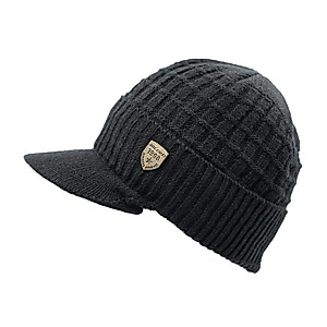 LLmoway Men Women Winter Knit Hat with Visor Warm Cuff Beanie Fleece Lined Snow Ski Skull Cap Black
