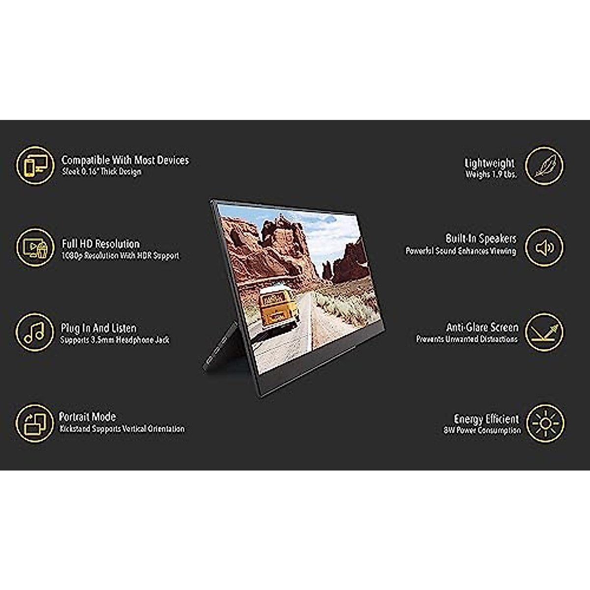 SideTrak Solo Pro Portable Monitor 15.8” FHD 1080P LED Anti-Glare IPS Screen | Works with Mac, PC, Chrome, PS4, Xbox & Switch | Powered by USB or Mini HDMI | Built-in DisplayPort, Speakers & HDR