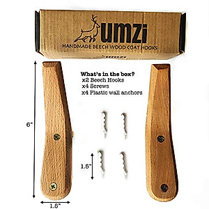 Coat Rack Hooks UMZi Wall Mounted Handmade Beech Wood Hook (Pack of 2)Modern Wooden Hat Rack Entryway Organizer Bathroom Hanger Rustic Towel Hangers Home and Kitchen Use Pegs(Pack of 2)(Natural Beech)