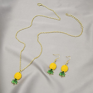 Tropical 2pcs Yellow Ruit Green Leaf Pineapple Earings Pendant Necklace Suit for Women Fashion Dangle Earings Jewellery