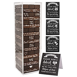 Brefkiss Co Alternative Wedding Guestbook, Dark Wood Guest Book with Acrylic Box, Unique Signs for Birthday, Weddings, Bridal Shower, and Baby Shower, Rustic Brown Signature Wooden Blocks