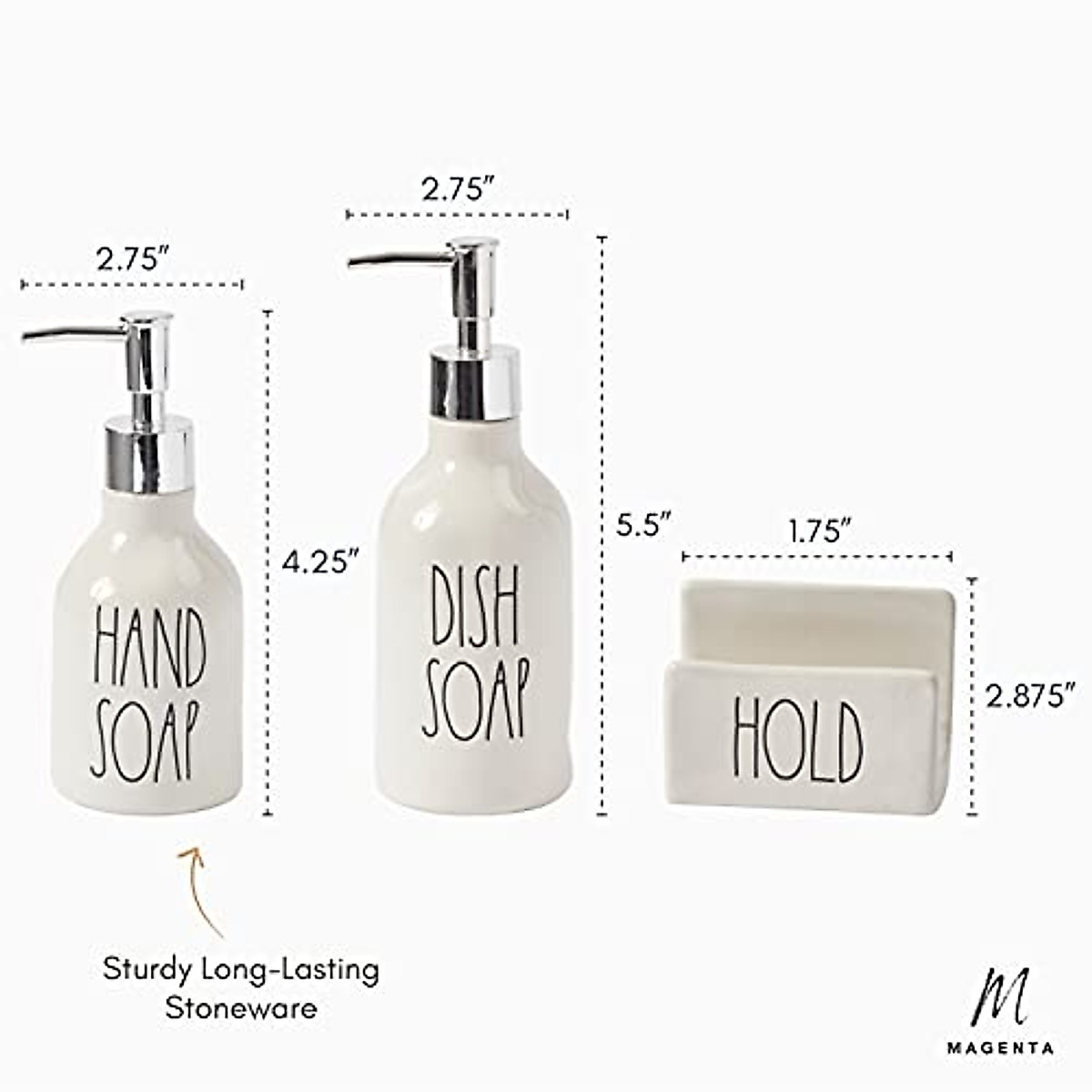 Rae Dunn Kitchen-Sink Soap Dispenser Set, Hand Soap and Dish Soap Dispenser for Kitchen with Sponge Holder and Tray