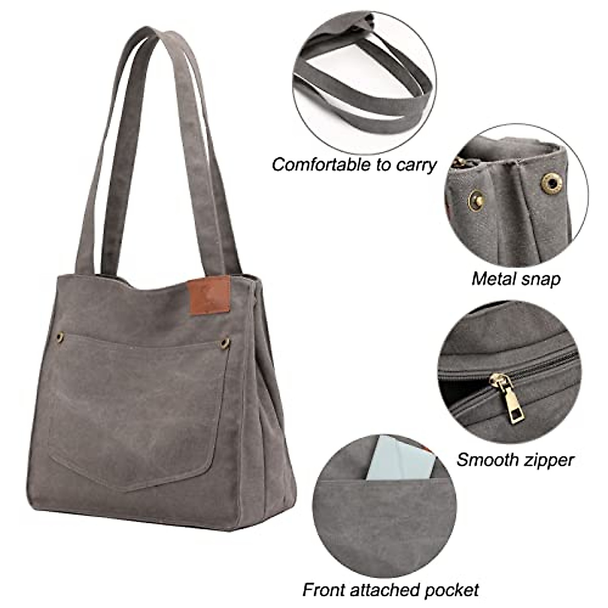 ArcEnCiel Canvas Tote Bag With Zipper, Handbags For Women Large Capacity Purse Shoulder Bags With Pockets(Gray)