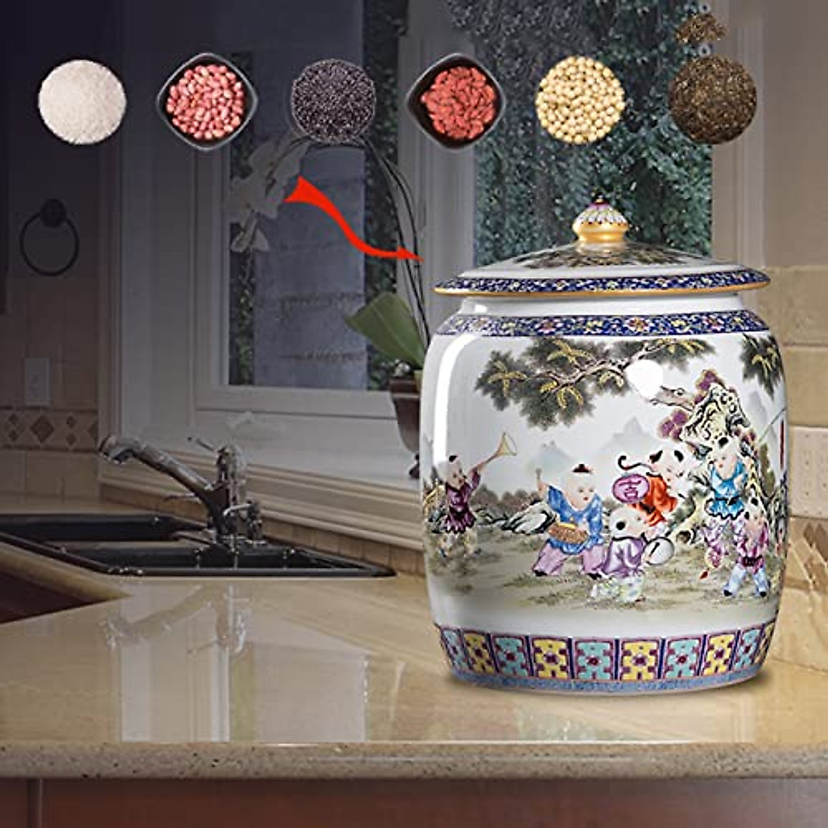Chinese Style Food Dispenser 22Lbs Ceramic Rice Bucket Cereal Storage Container Chinese Porcelain Grain Dispenser Suitable for Flour, Sugar, Coffee, Rice, Nuts, Snacks, Pet Food, Tea (Color : A)