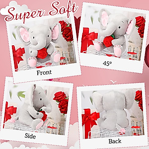 2 Pcs Elephant Stuffed Animal with Rose Soft Plush Elephant Animal Toy for Valentines Day Gifts Women Men Girl Boy Baby Shower Birthday Party Favors, 8 Inches