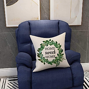 FIBEROMANCE Spring Pillow Cover 18x18 Home Sweet Home Garden Wreath Farmhouse Throw Pillow Covers Pillow Case Cushion Covers for Sofa Couch Spring Home Décor Decoration