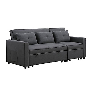 TUTB 80'' L-Shape Convertible Sleeper Sectional Sofa with Pull-Out Recliner and Bed, Side Pocket, Linen Corner 3 Person Couch for Home Furniture, Living Room, Apartment, Dorm, Dark Gray, 80