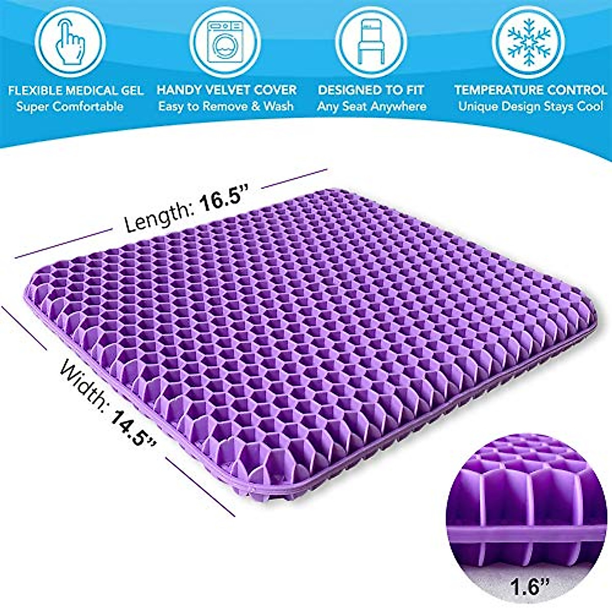 Gel Seat Cushion - Enhanced Double Thick Egg Seat Cushion with Non-Slip Cover - Office Chair Car Seat Cushion - Sciatica & Back Pain Relief - Perfect for Office Chair Car Wheelchair Travel
