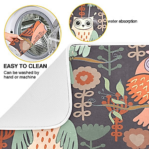 OTVEE Owl Printed Machine Washable Absorbet Dish Drying Mat Kitchen Counter Pad Cute Animal Heat Resistant Microfiber Counter Protector with Hanging Loop, 16X18inch