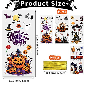 Halloween Treat Bags, Halloween Candy Bags, Halloween Cellophane Treat Bags, 60PCS Plastic Halloween Cookies Goodie Gift Bags with Ties for Halloween Trick or Treat Party Favors Supplies, 4 Style