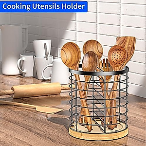 Toosci Kitchen Utensil Holder - Stainless Steel and Bamboo Utensil Holder, Utensil Holder for Kitchen Counter, Large
