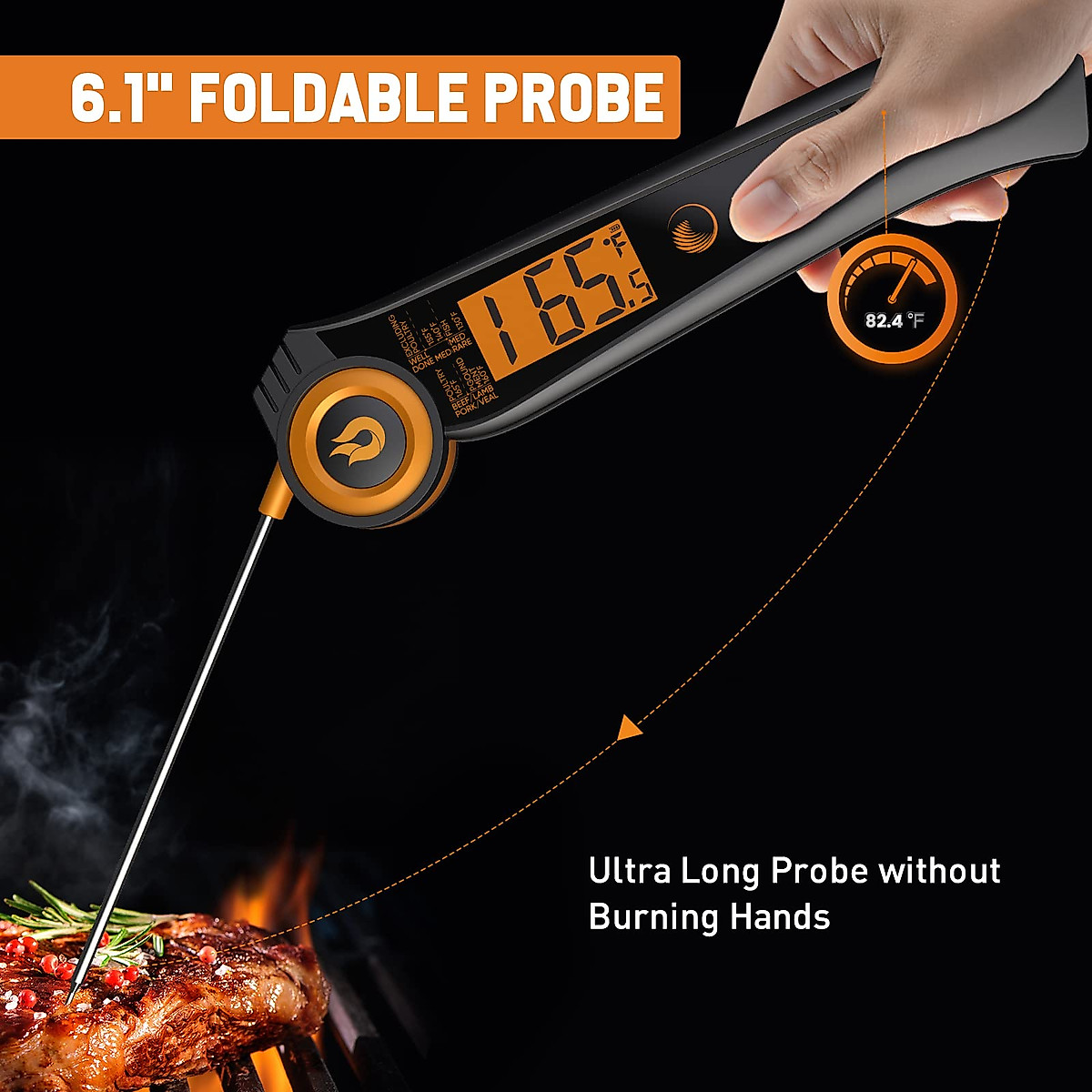 𝗨𝗽𝗴𝗿𝗮𝗱𝗲𝗱 Meat Thermometer Digital for Grill and Cooking - Instant Read Meat Thermometer 6.1” Ultra Long Waterproof Grill Thermometer w/Reversible Display for BBQ, Oil Deep Frying