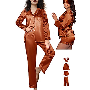 WJing Yi Jia 5Pcs XS-XXL Womens Silk Satin Pajamas Sets Long Pj Sets Button Down Pjs Set Loungewear Sleepwear
